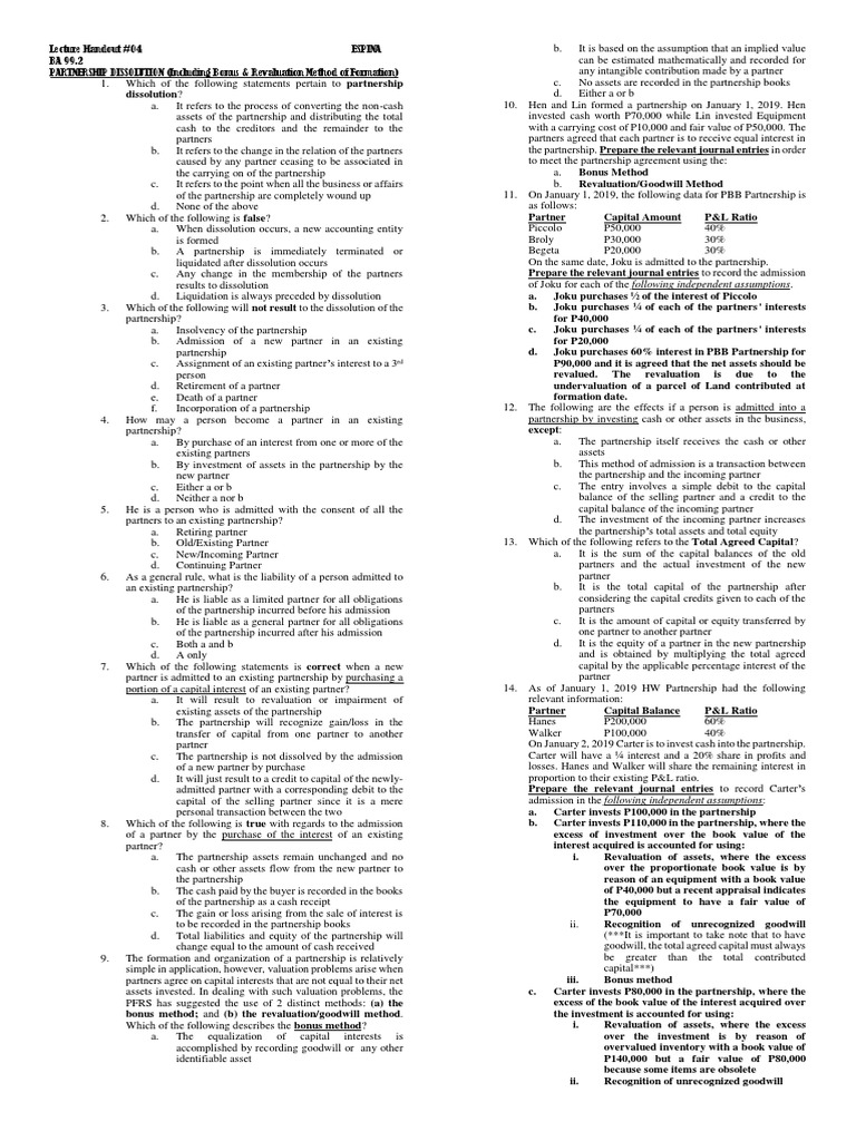 Partnership Dissolution Exercises Pdf Partnership Book Value