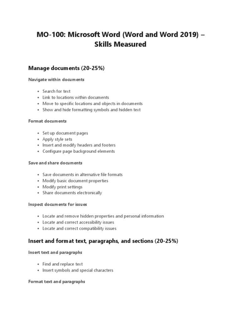 Microsoft Word Exam Objectives | PDF | Paragraph | Microsoft Word