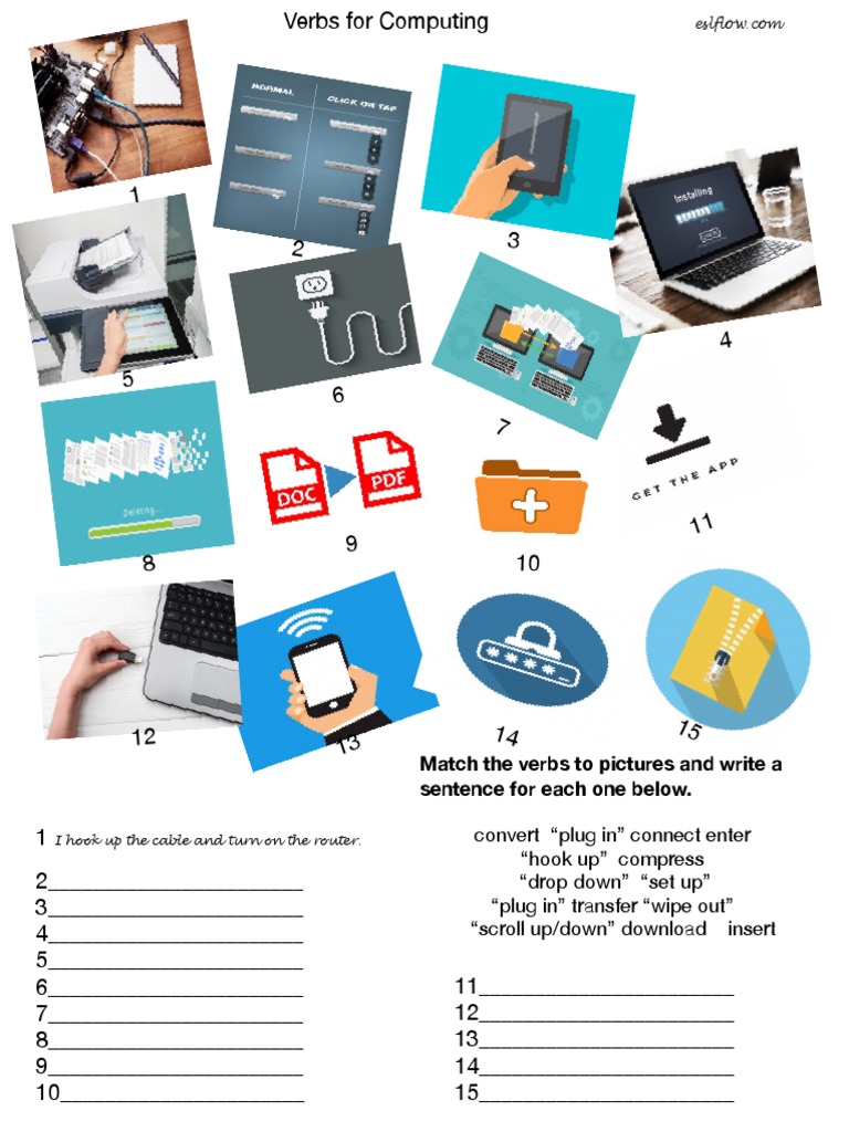 Match The Verbs To Pictures and Write A Sentence For Each One Below | PDF | Computer File ...