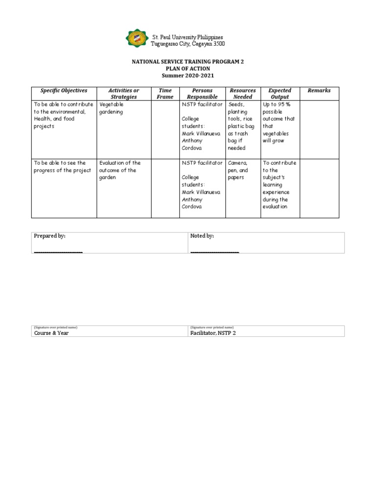NSTP Plan of Action Suggestion | PDF