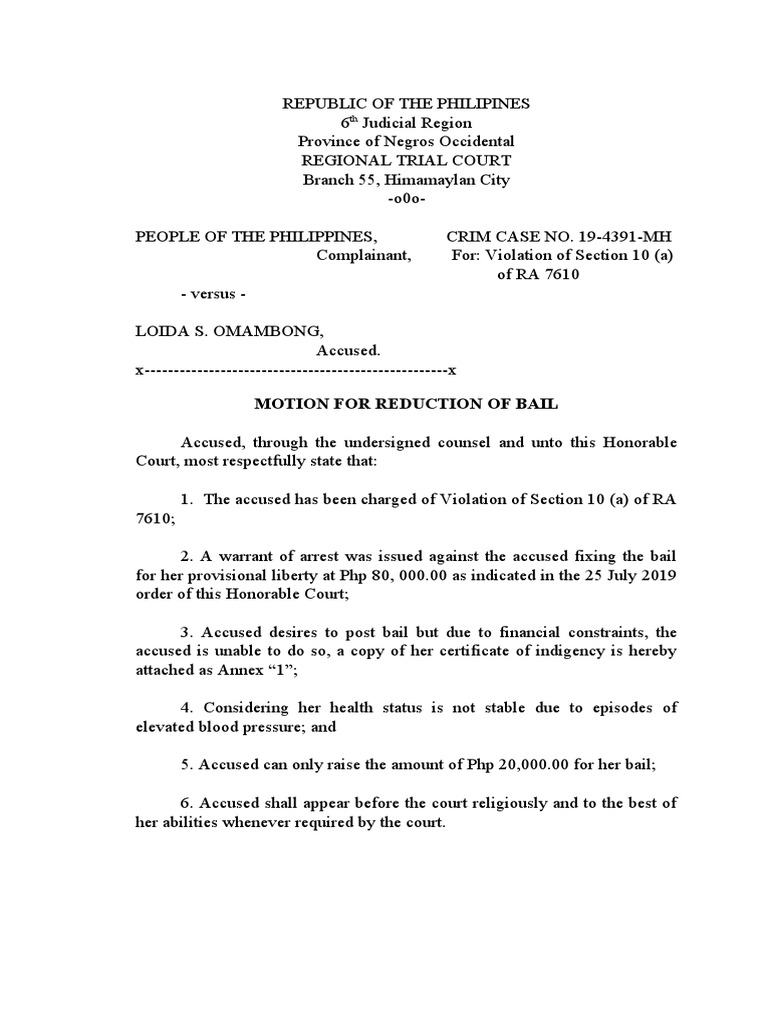 Motion For Reduction of Bail | PDF | Bail | Separation Of Powers