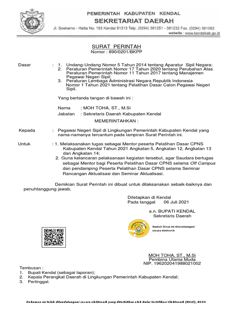 Surat Perintah Mentor CPNS Kendal 2021 | PDF