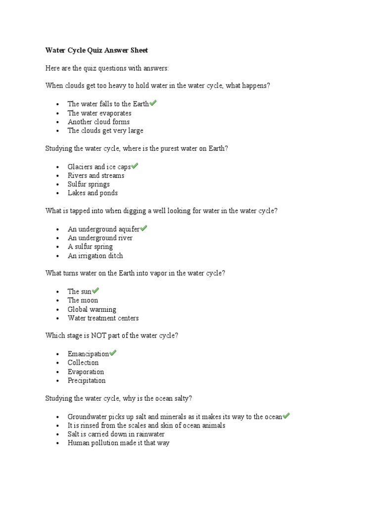 Correct Answers Water Cycle | PDF