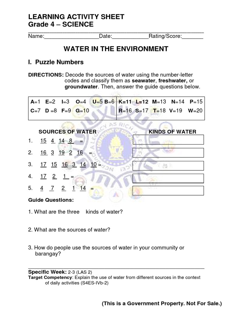 Learning Activity Sheet Grade 4 - Science: I. Puzzle Numbers | Download ...