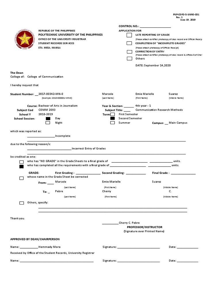 PUP Completion Form R-1 (Prof - Pebre) | PDF | Academia
