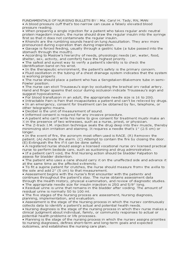 Fundamentals of Nursing Bullets | PDF | Intravenous Therapy | Physical ...
