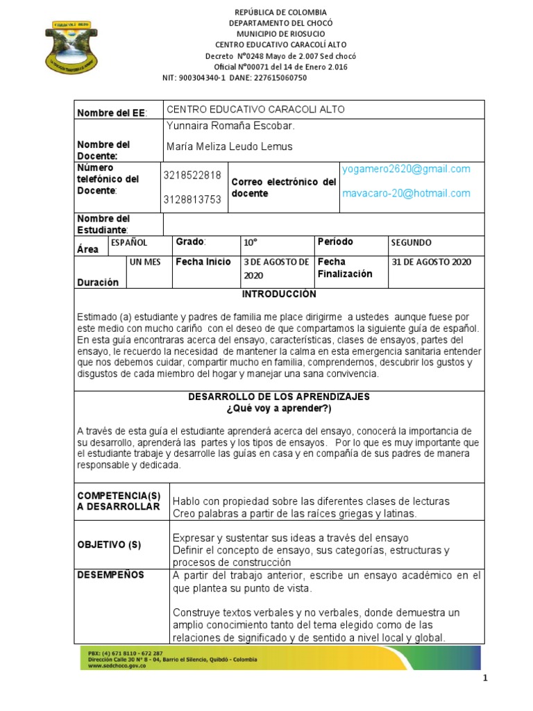 Guía Grado Decimo Español Pdf Ensayos Autor