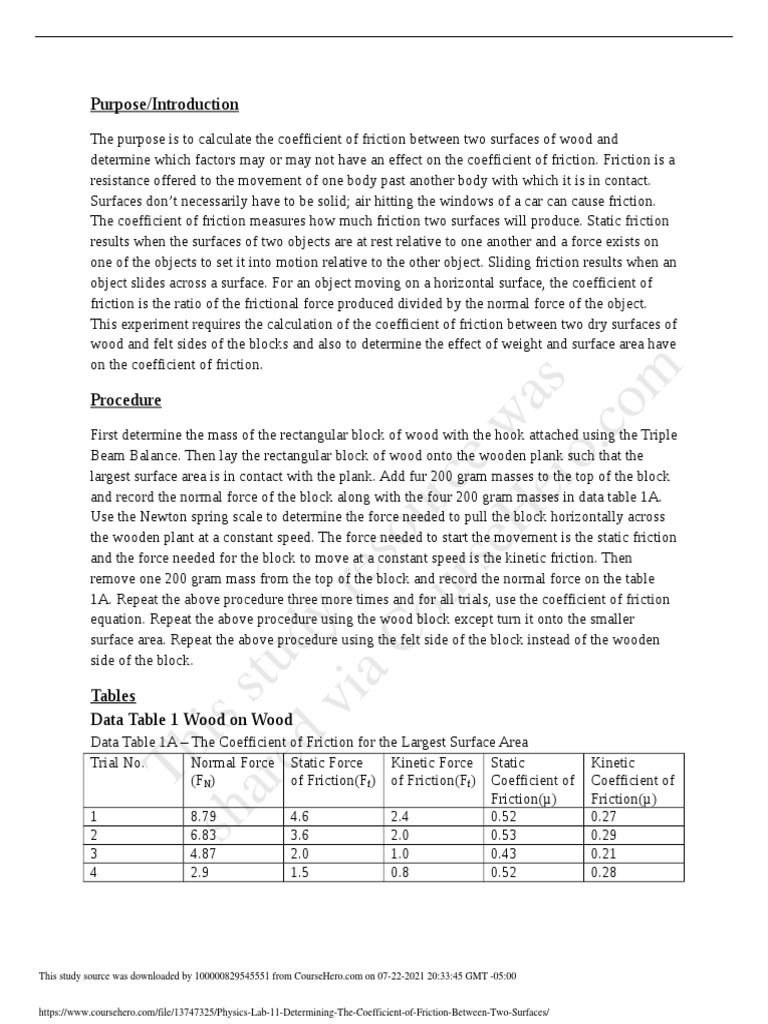Coefficient of Friction Experiment Analysis | PDF | Friction | Weighing ...