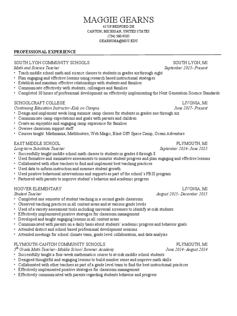 Resume Msu | PDF | Teachers | Classroom Management