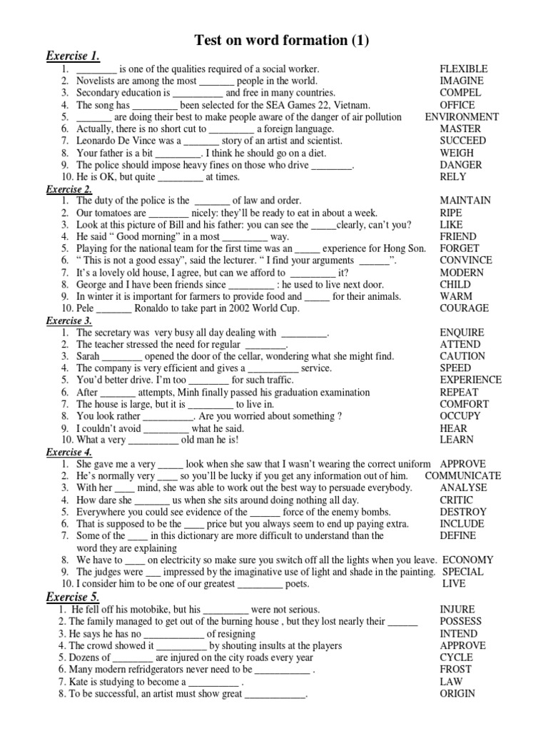 Word Formation Test Exercises | PDF | Language Arts & Discipline | Home ...