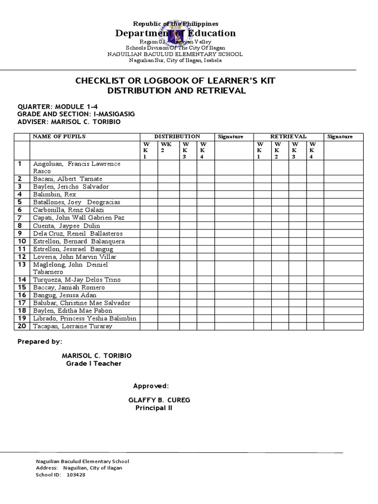 By Purok Checklist or Logbook of Learners Kit Distribution and ...