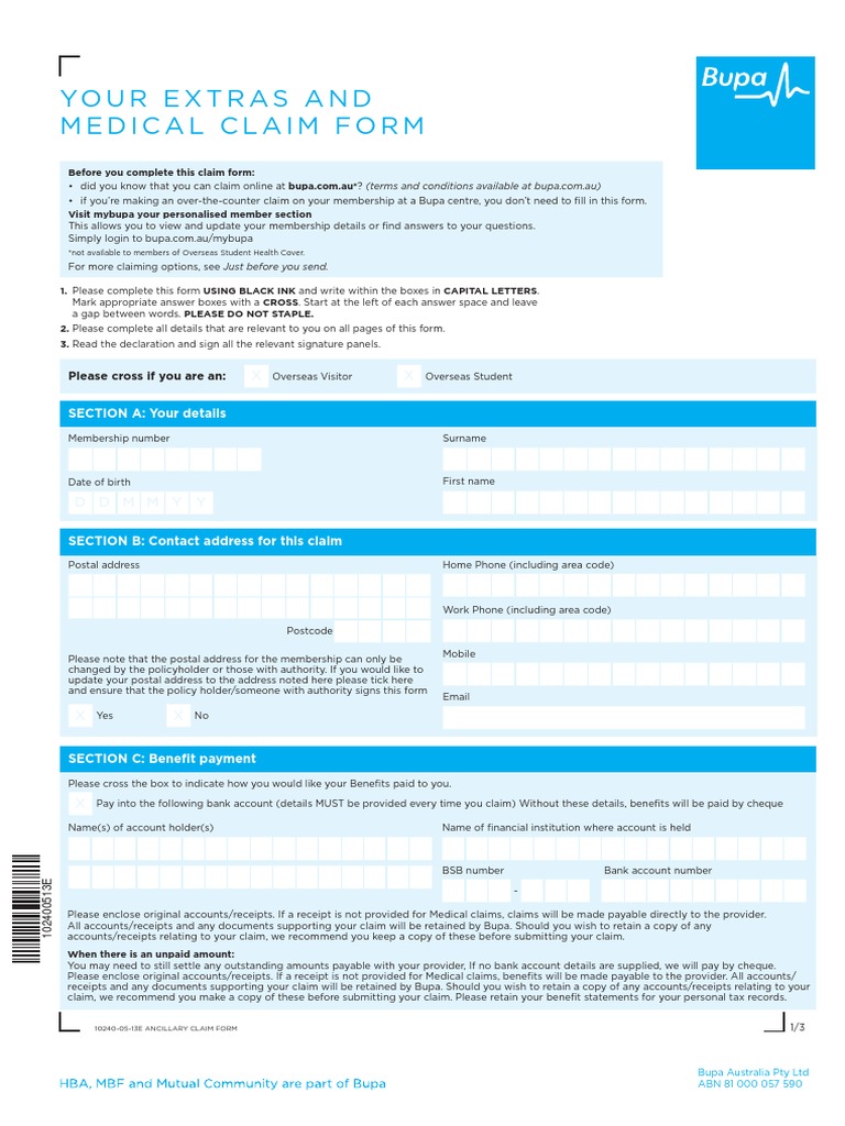 Your Extras and Medical Claim Form: SECTION A: Your Details | PDF ...