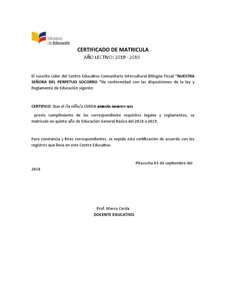 Certificado de Matricula 2018 2019 | PDF