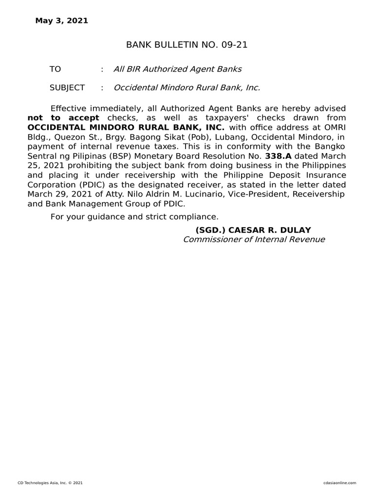 Bank Bulletin No. 09-21: All BIR Authorized Agent Banks Occidental ...