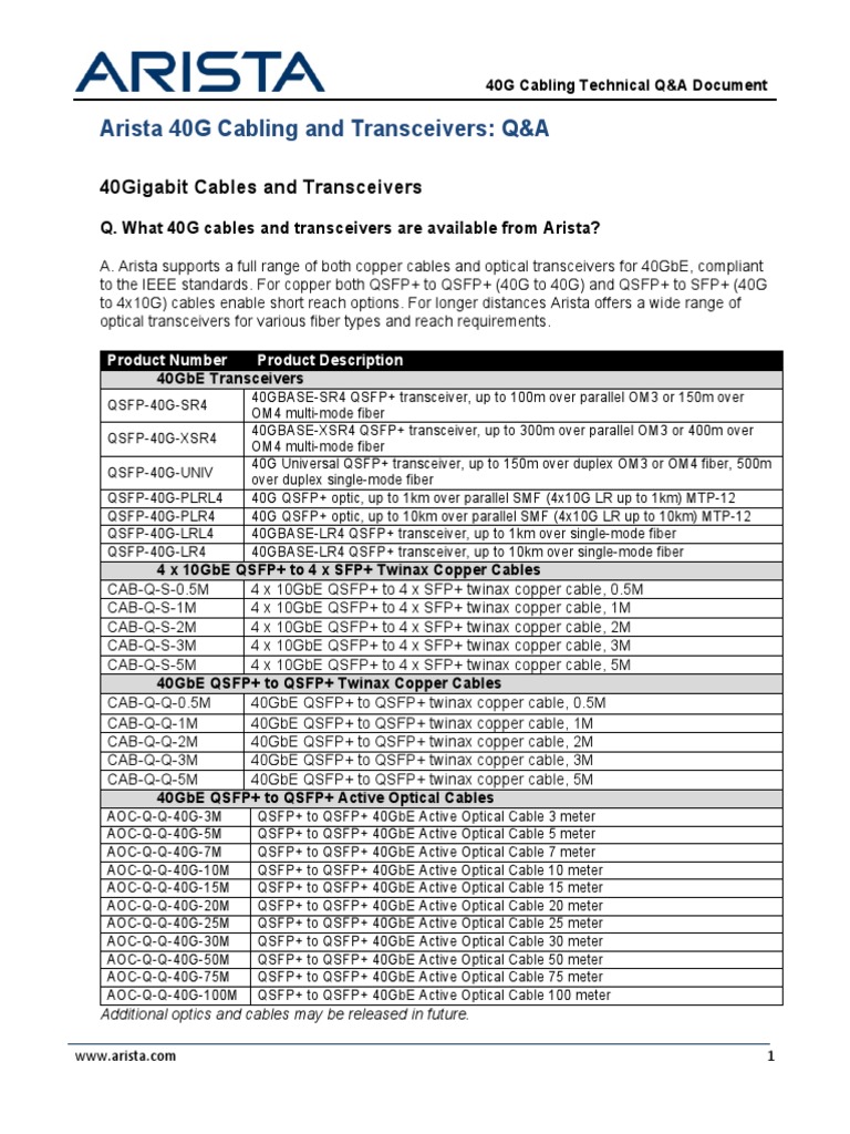 Arista 40G Cabling and Transceivers: Q&A | PDF | Fiber Optic ...