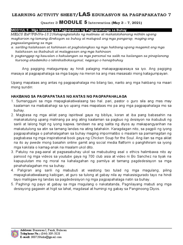 For Students EsP 7 Q3 LAS Module 5 | PDF