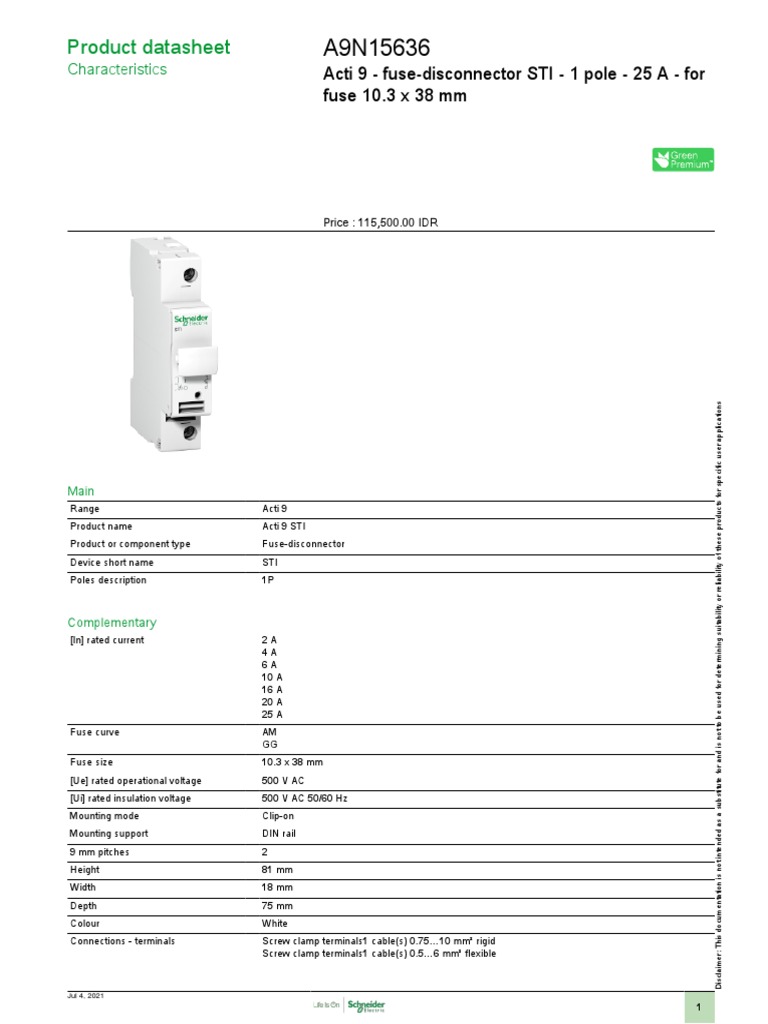 Product Datasheet: Acti 9 - Fuse-Disconnector STI - 1 Pole - 25 A - For ...
