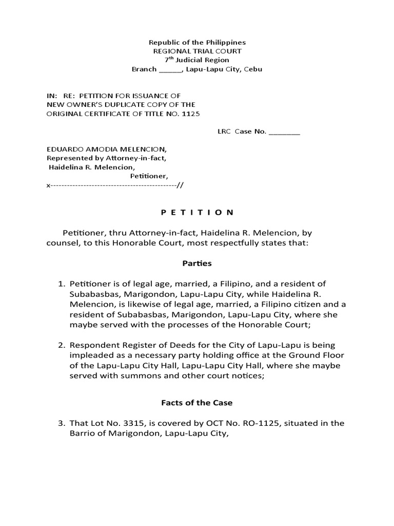 Petition for Issuance of a New Owner's Duplicate Title Due to Loss of ...