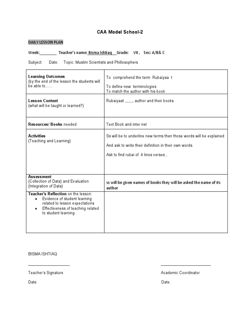 CAA Model School-2: Daily Lesson Plan Week: - Teacher's Name: Bisma ...