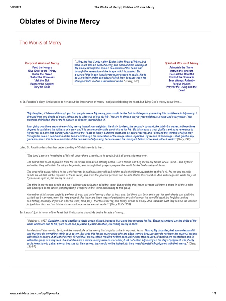 The Works of Mercy - Oblates of Divine Mercy | PDF | Mercy | Catholic ...