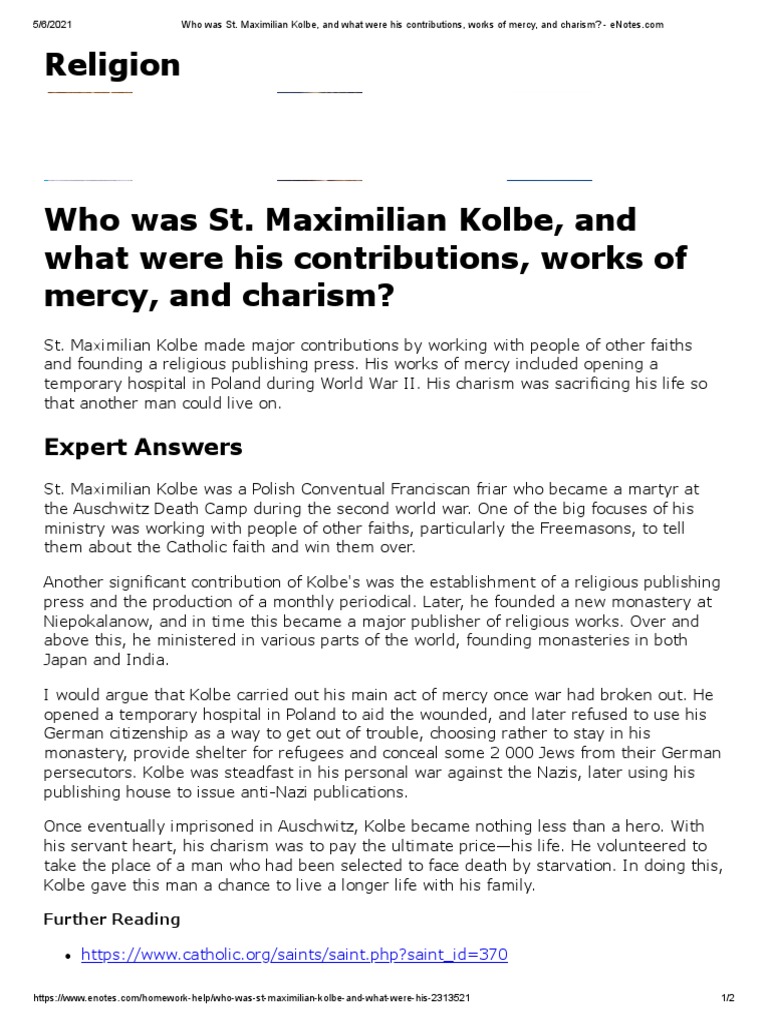 St. Maximilian Kolbe: Life and Legacy | PDF | Religion And Belief | Unrest