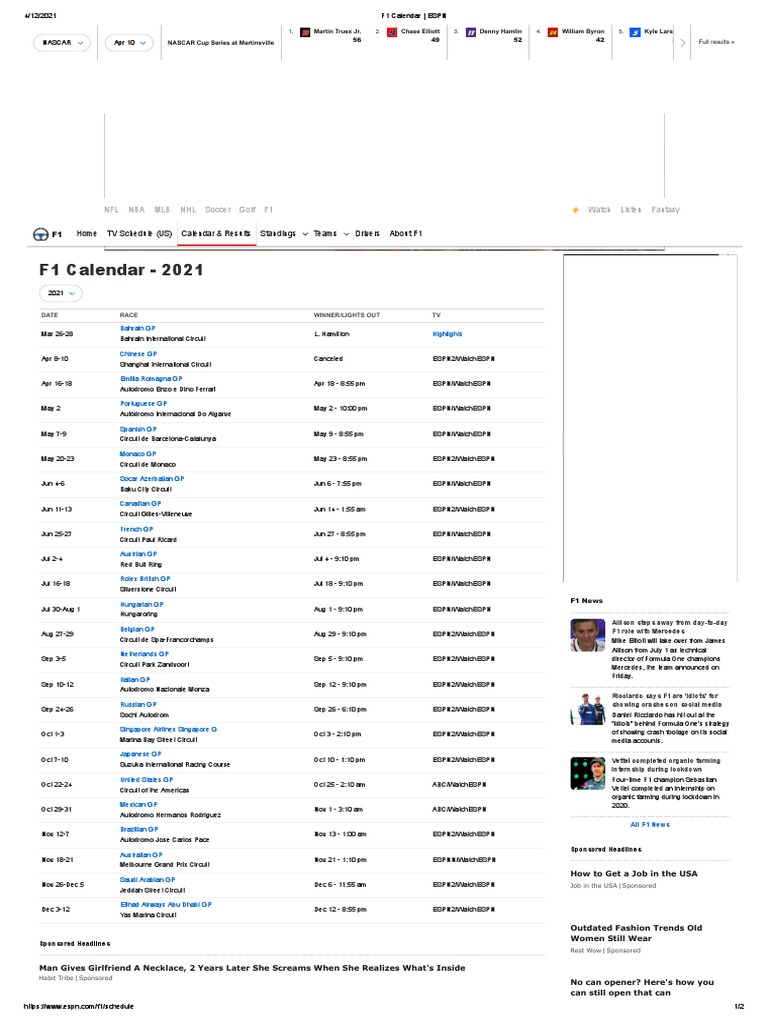 F1 Calendar - ESPN | PDF | Formula One | Formula Racing