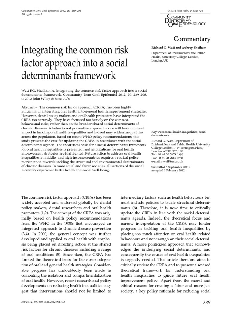 Integrating The Common Risk Factor Approach Into A Social Determinants ...