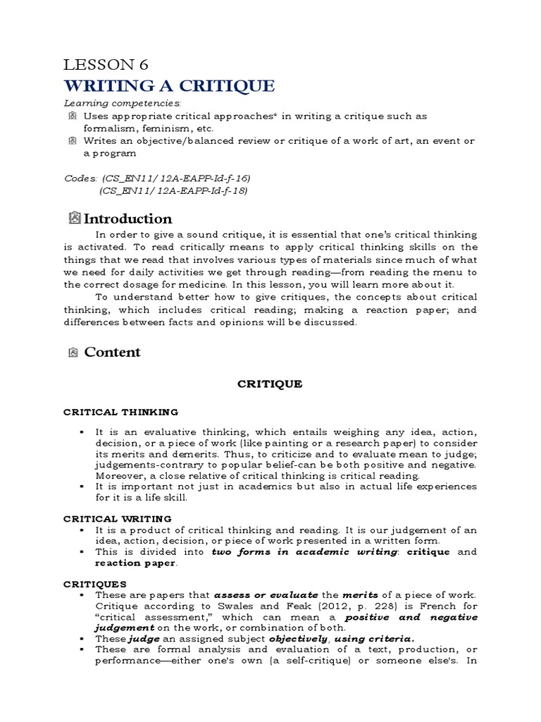 LESSON 6 Writing A Critique | PDF | Criticism | Critical Thinking
