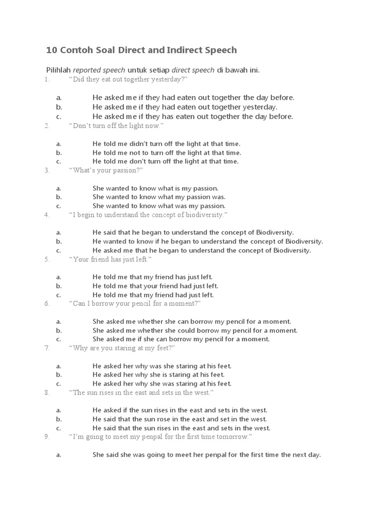 10 Contoh Soal Direct and Indirect Speech | Download Free PDF ...