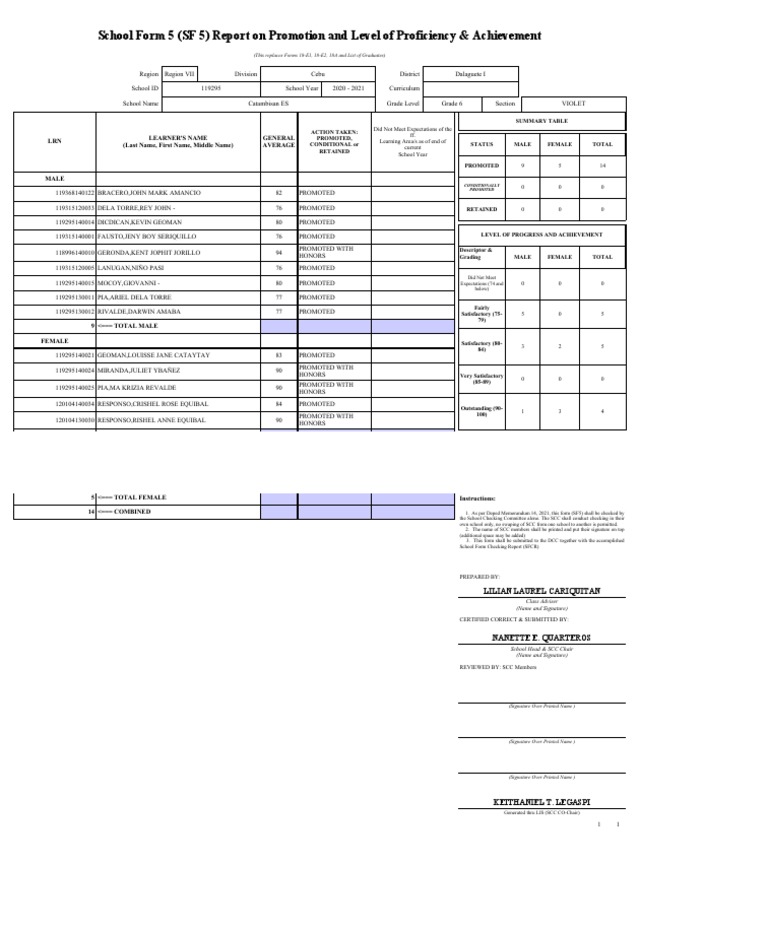 School Form 5 (SF 5) Report On Promotion and Level of Proficiency ...
