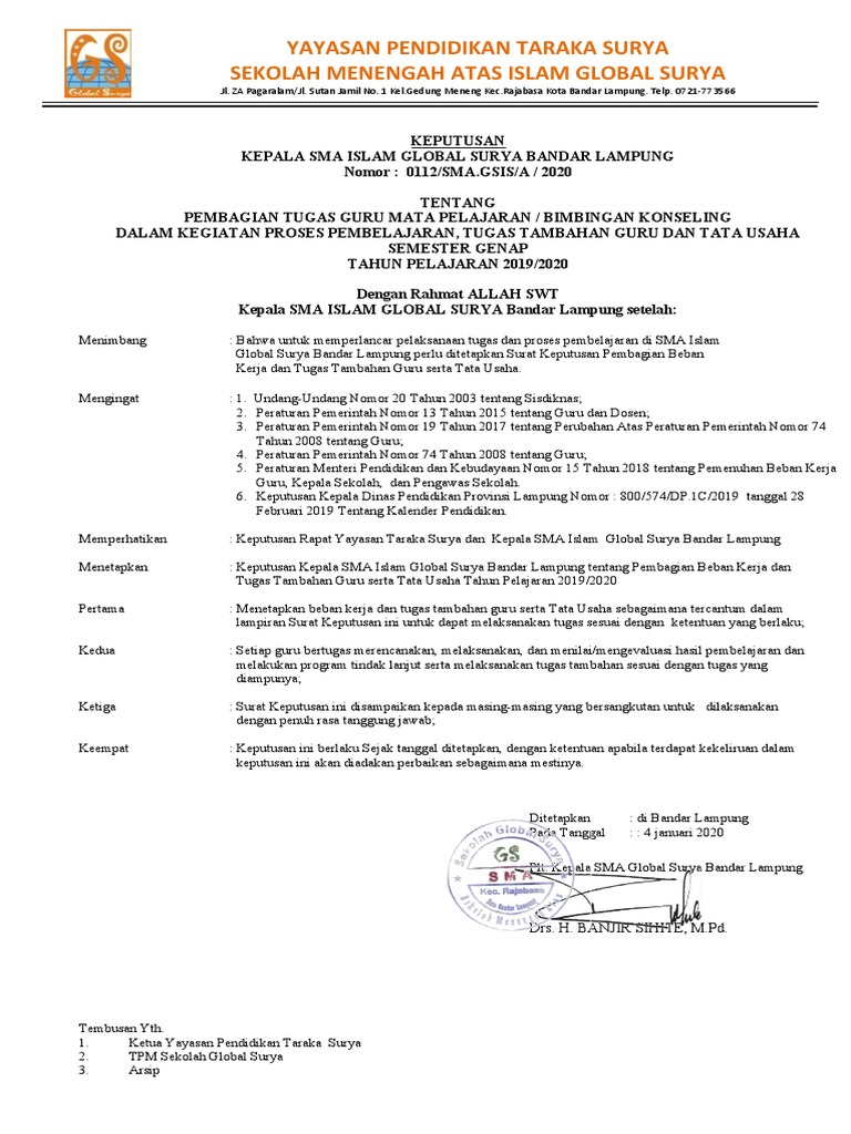 SK Pembagian Tugas SMT Genap 2020 | PDF