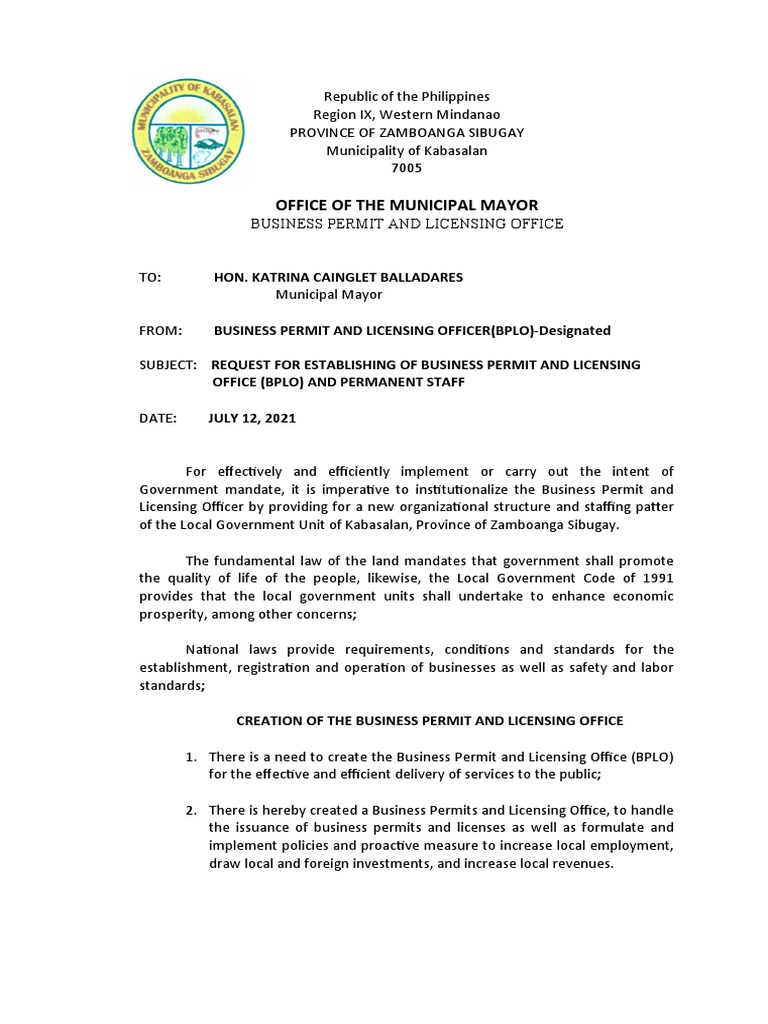 Office of The Municipal Mayor: Office (Bplo) and Permanent Staff | PDF ...