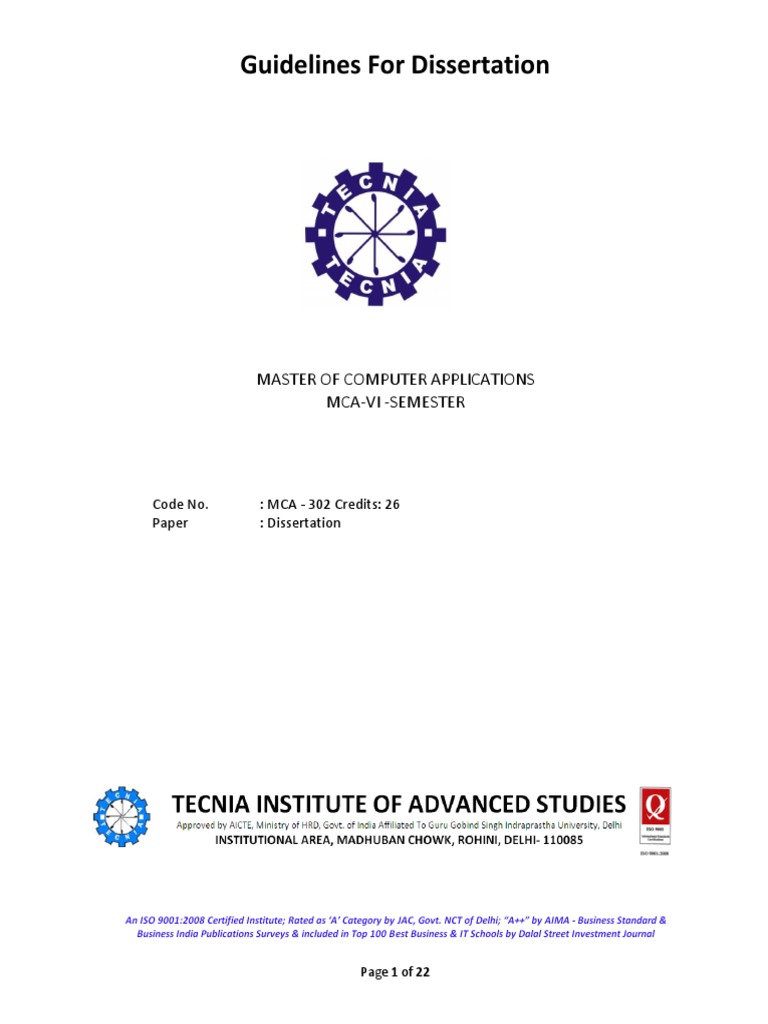 Guidelines For Dissertation: Master of Computer Applications Mca-Vi ...