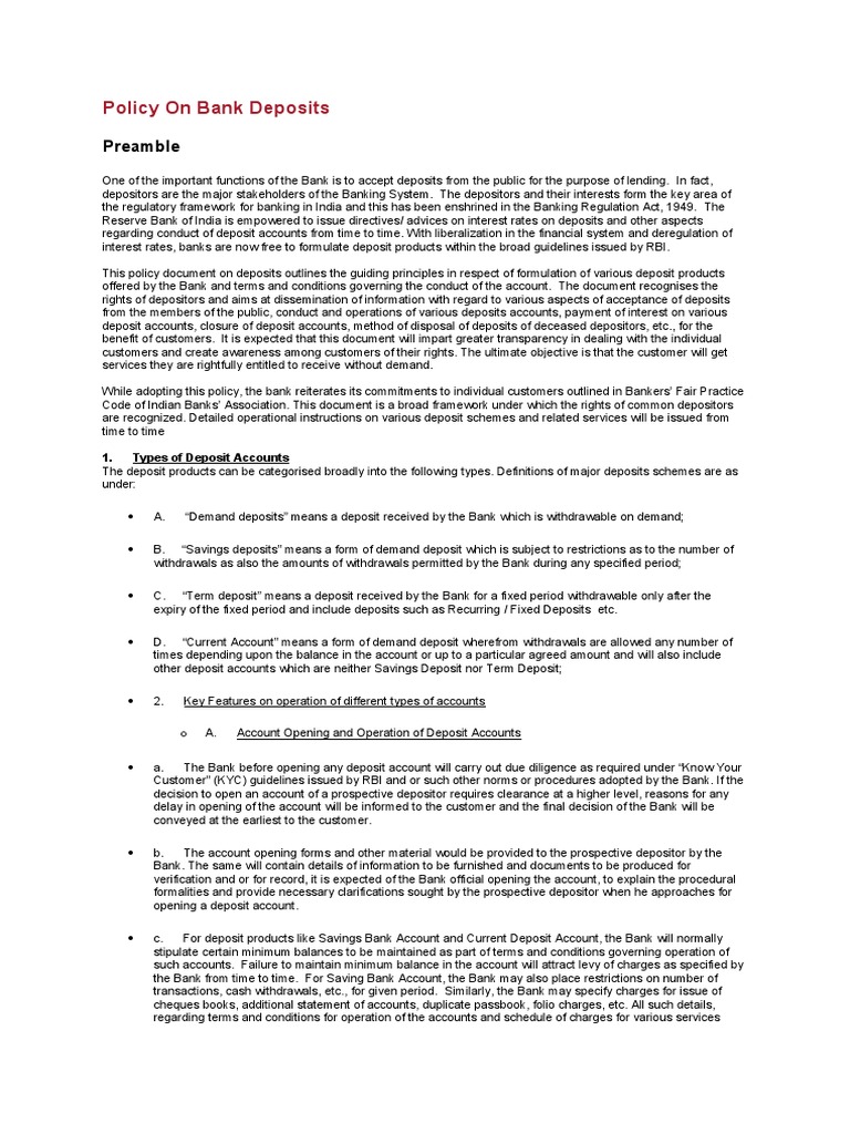 Policy On Bank Deposits: Preamble | PDF | Deposit Account | Banks