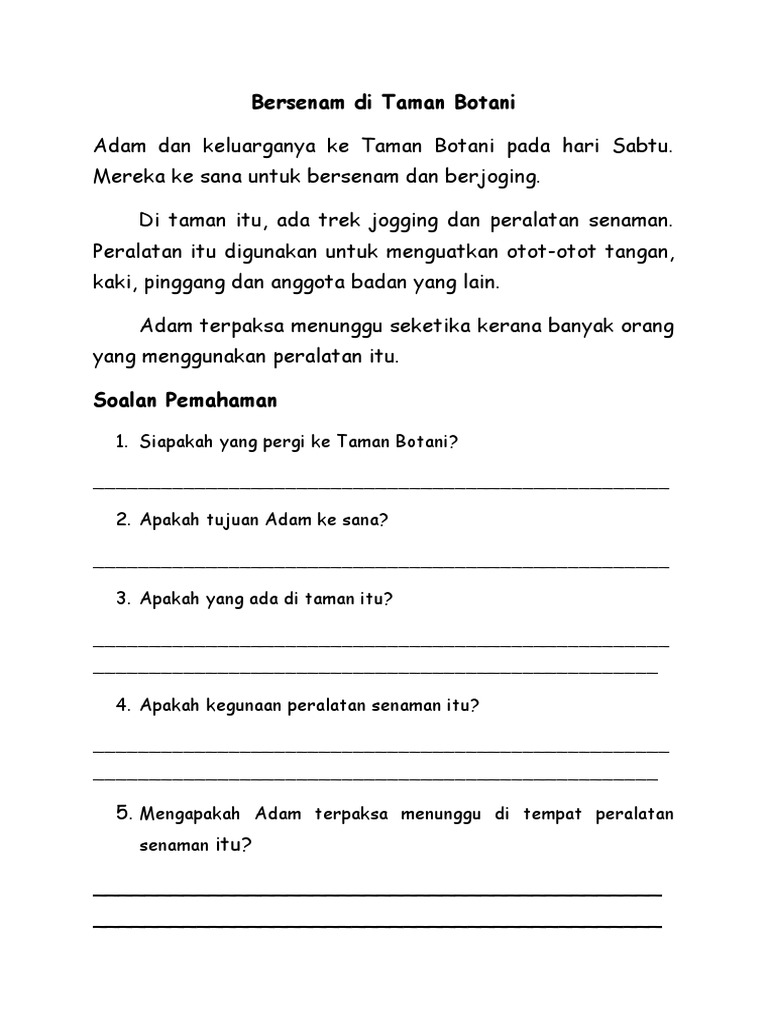 BM Thn2 - Soalan Pemahaman Bersenam Di Taman Botani | PDF