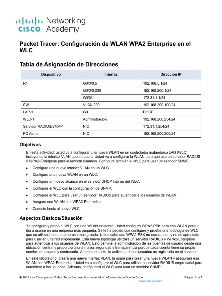13 3 12 Packet Tracer Configure A Wpa2 Enterprise Wlan On The Wlc Es Xl Pdf Dirección Ip