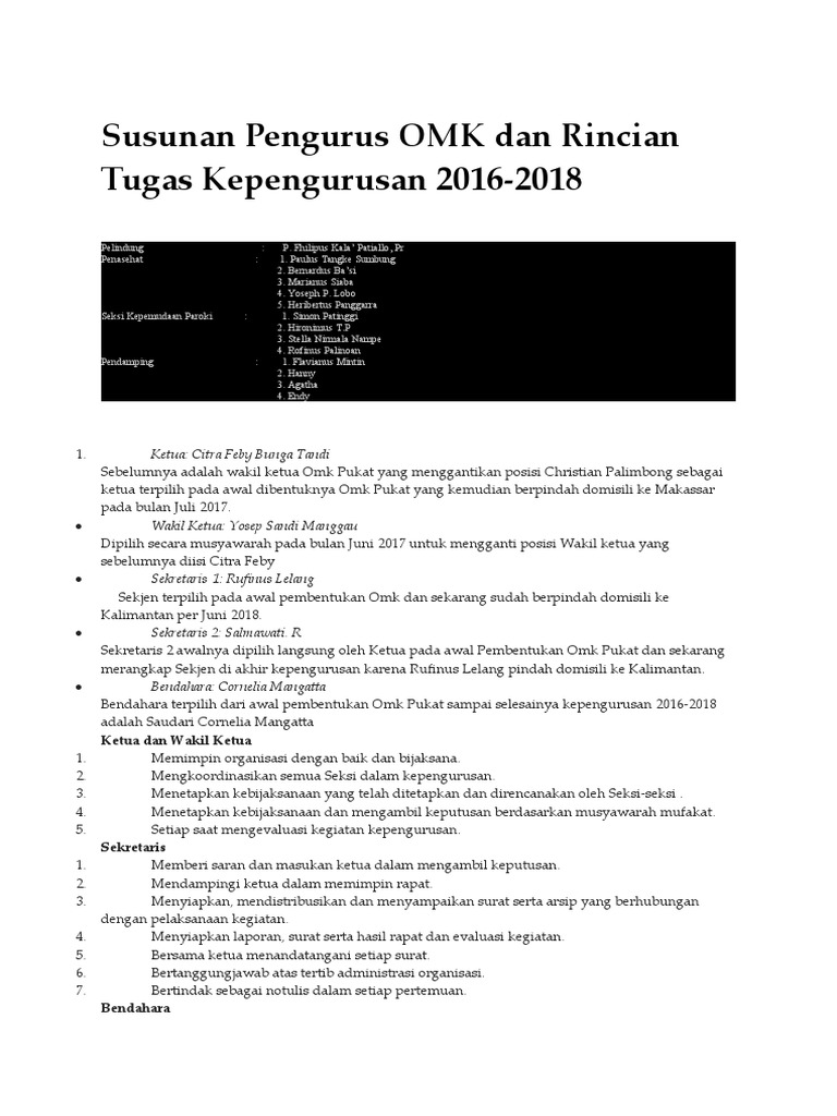 Susunan Pengurus OMK Dan Rincian Tugas Kepengurusan | PDF Susunan Pengurus OMK Dan Rincian Tugas Kepengurusan | PDF