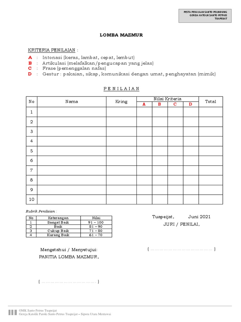 Form Penilaian Lomba Mazmur | PDF
