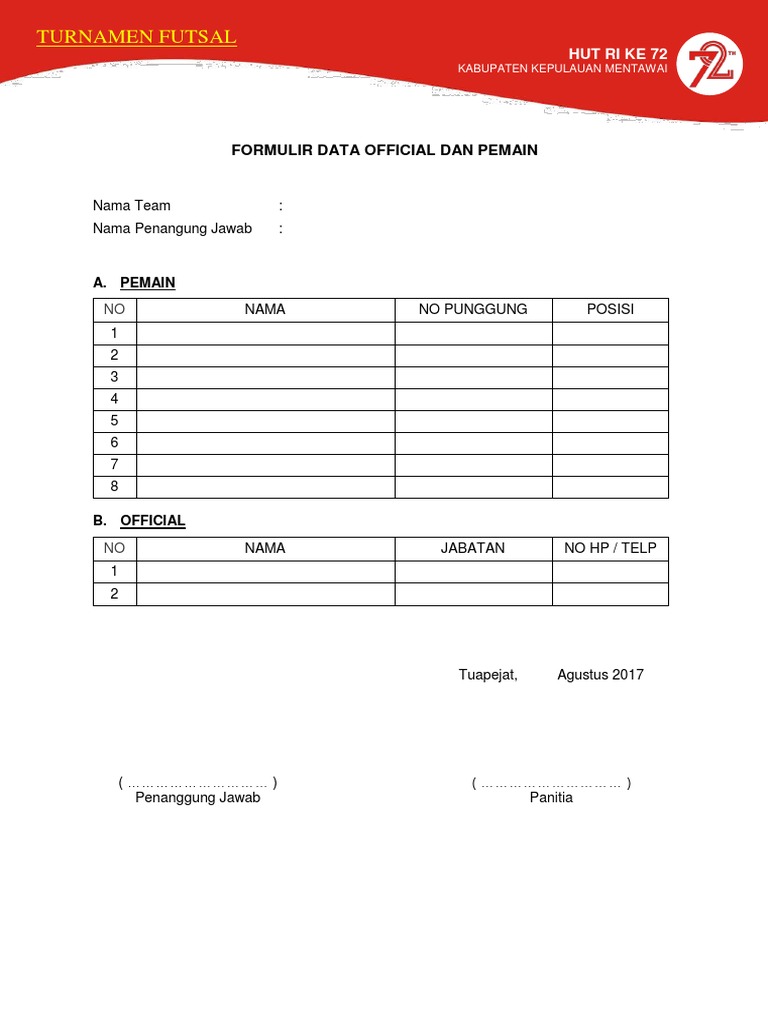 Formulir Pendaftaran Turnamen Futsal | PDF