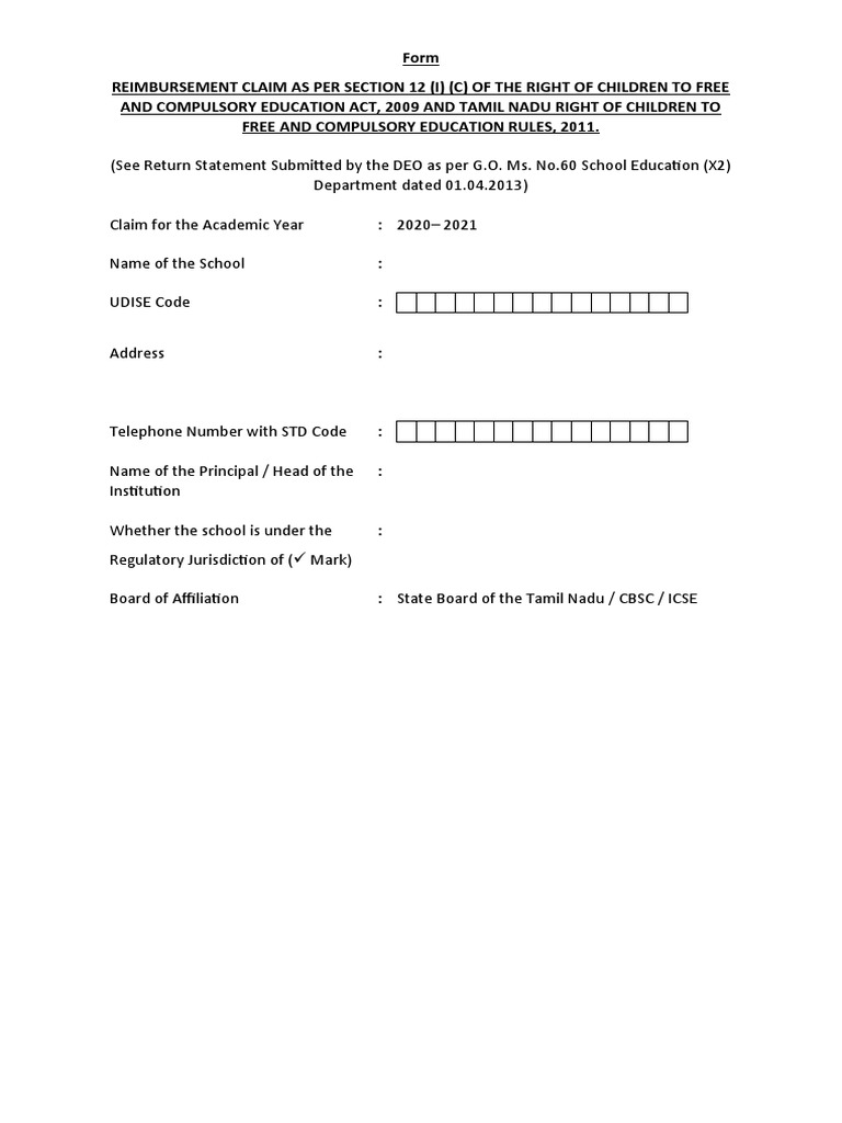 RTE Fee Reimbursement Claim Form | PDF | Government | Schools