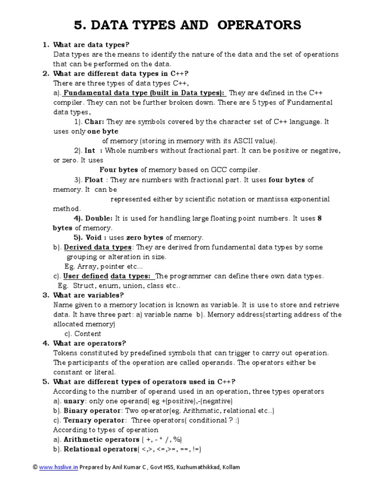 Hsslive-XI-Comp-app-05 Data Types and Operators | PDF | C++ | Data Type