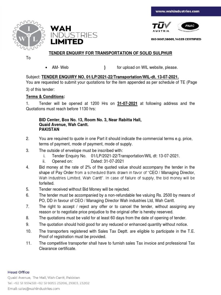 Tender Enquiry For Transportation of Solid Sulphur | PDF | Money ...