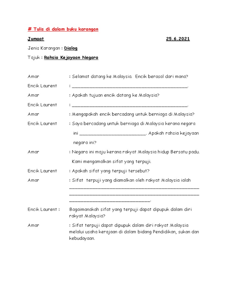 Karangan Dialog Tahun 6 - BM 25.6.2021 | PDF