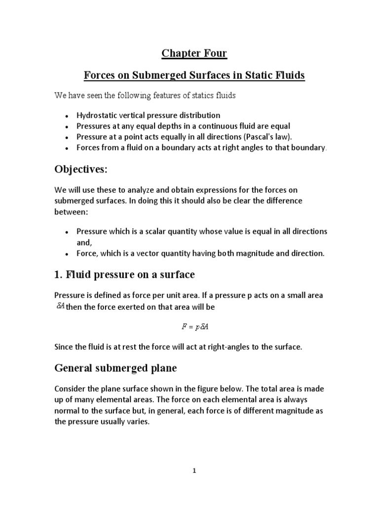 Forces on Submerged Surfaces in Fluids | PDF | Pressure | Area