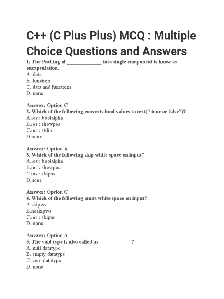 C++ (C Plus Plus) MCQ: Multiple Choice Questions and Answers | PDF | Constructor (Object ...