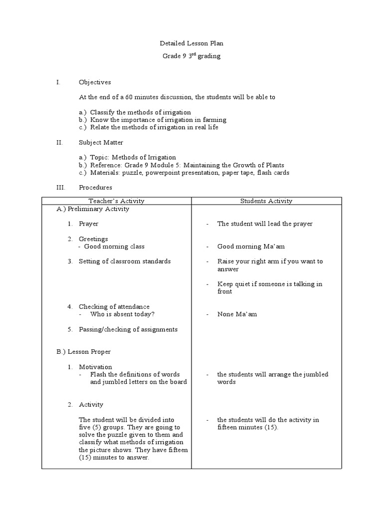 Grade 9 Irrigation Methods Lesson Plan | PDF | Irrigation | Soil