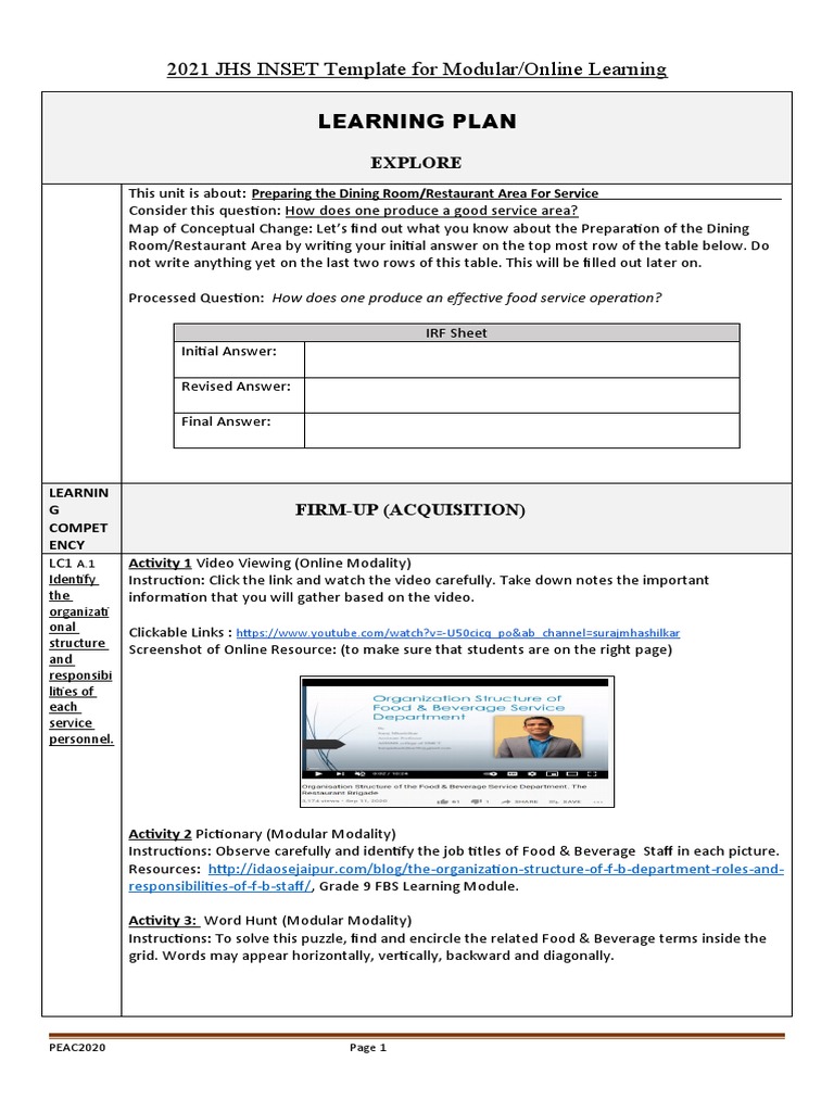 2021 JHS INSET Template For Modular/Online Learning Learning Plan | PDF ...