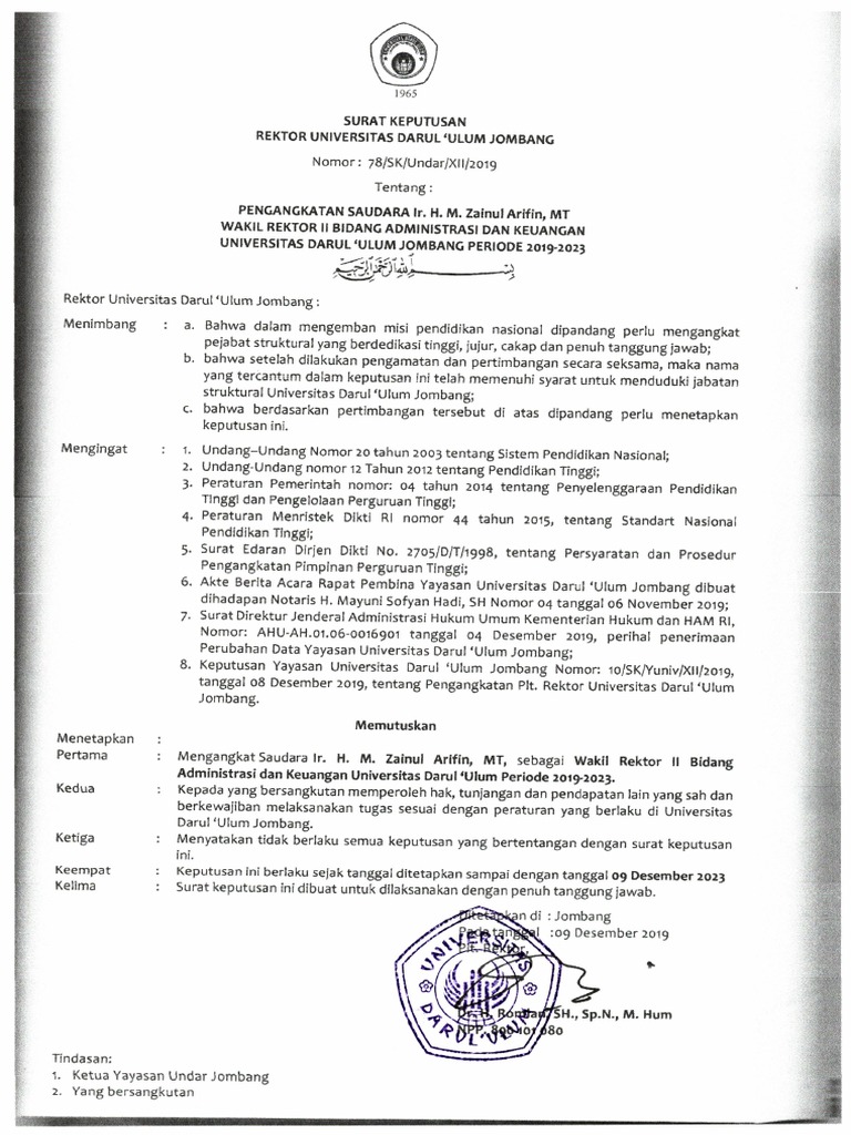 SK Pengangkatan Wakil II Rektor UNDAR 2019-2023 | PDF