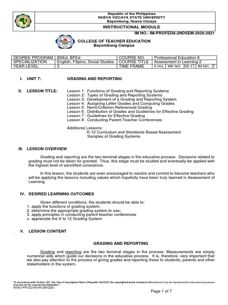AL2-Module7-Grading and Reporting | PDF | Educational Assessment | Behavior Modification