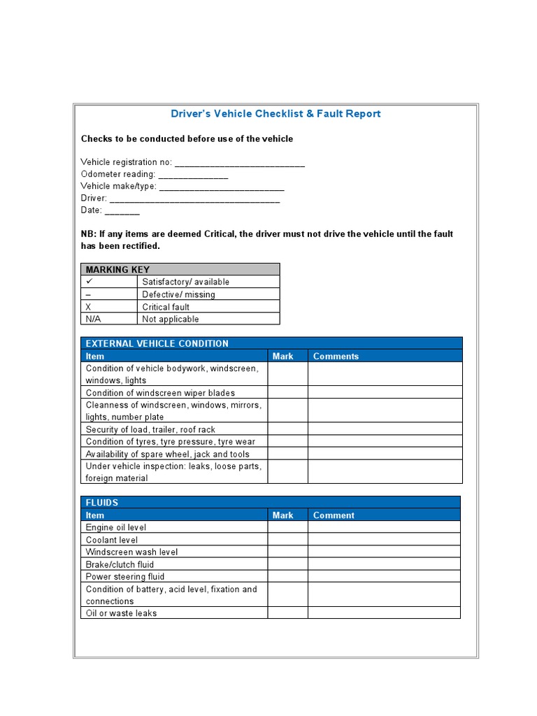 Vehicle Checklist & Fault Reporting Form | PDF